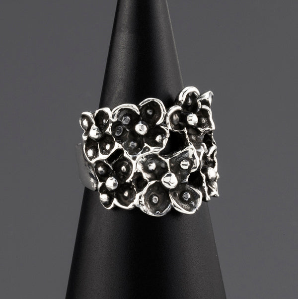 Blackened Sterling Silver Wide Band Floral Ring | Flower Cluster Ring ...