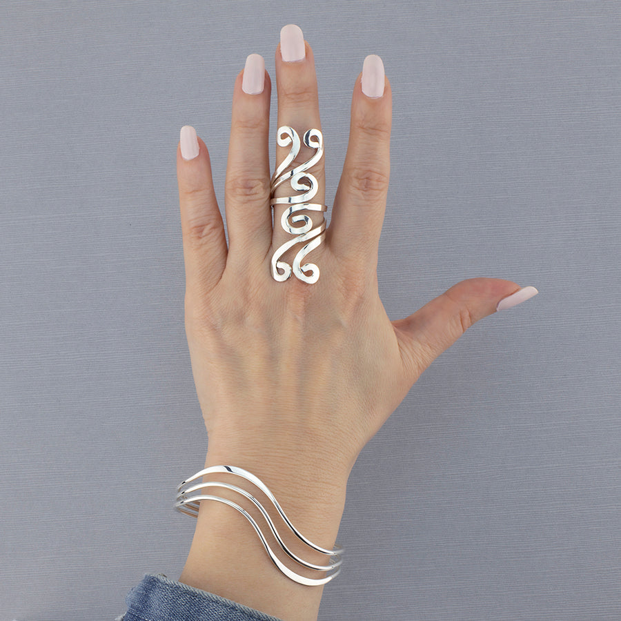 Long Sterling Silver Swirl Statement Ring - Reveka Rose