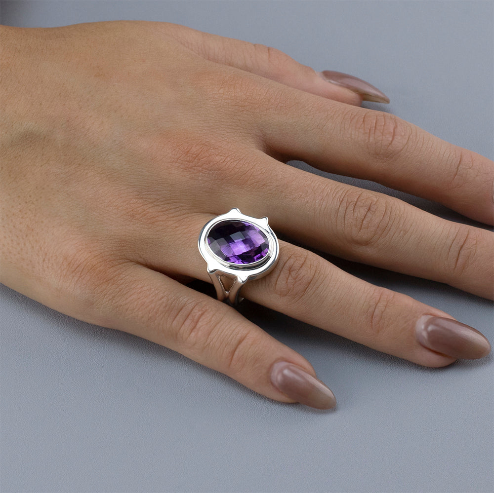 Oval Faceted Amethyst Sterling Silver Ring | Amethyst Cocktail Ring ...