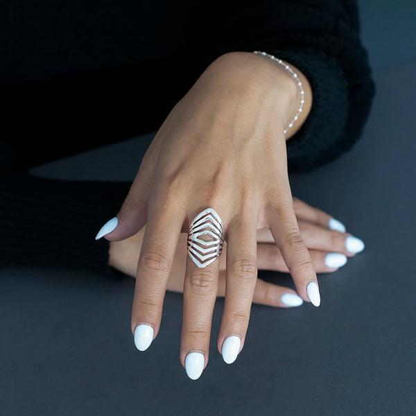 Long Sterling Silver Chevron Ring - Reveka Rose