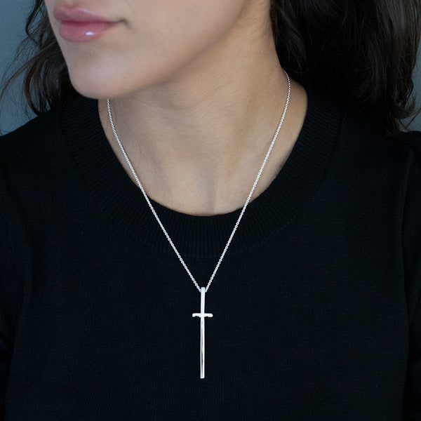 Long Thin Minimalist Sterling Silver Cross Pendant