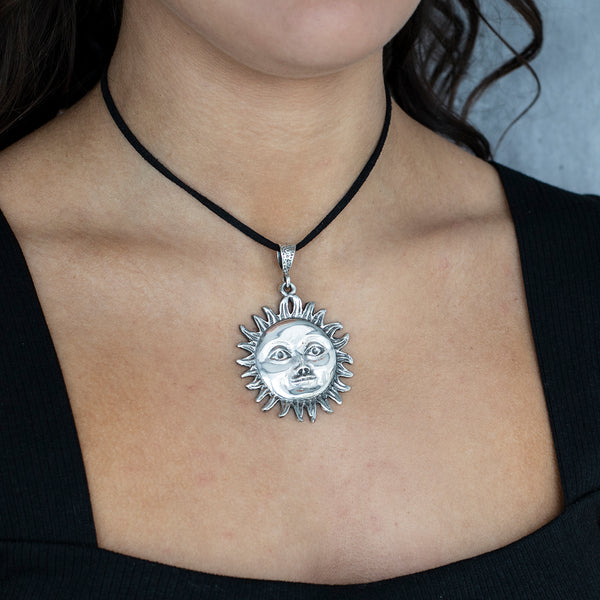 Sterling Silver Sun Face Pendant Necklace - Reveka Rose
